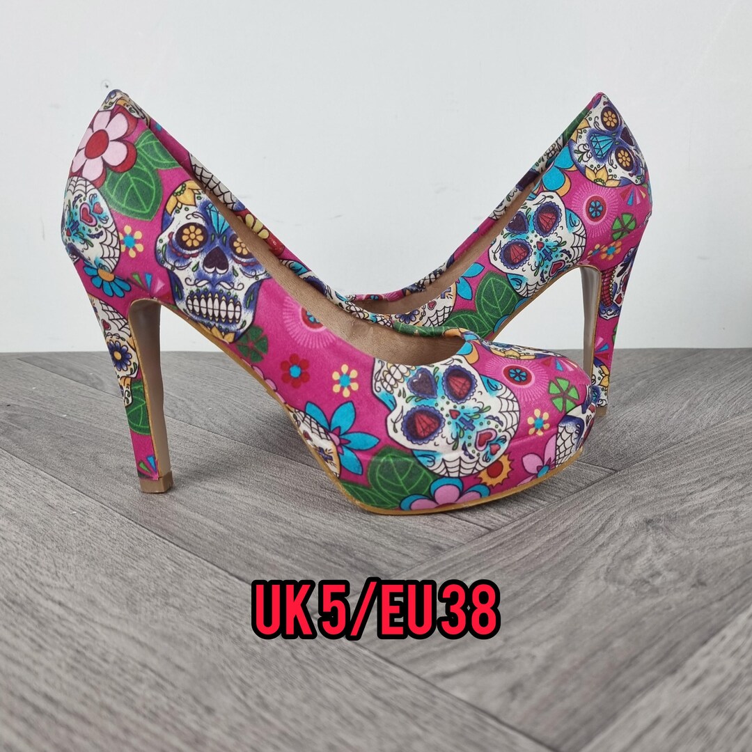 Sugar Skull Pink Heels, Alt Goth Skull Shoes, Gothic High Heels, Women ...