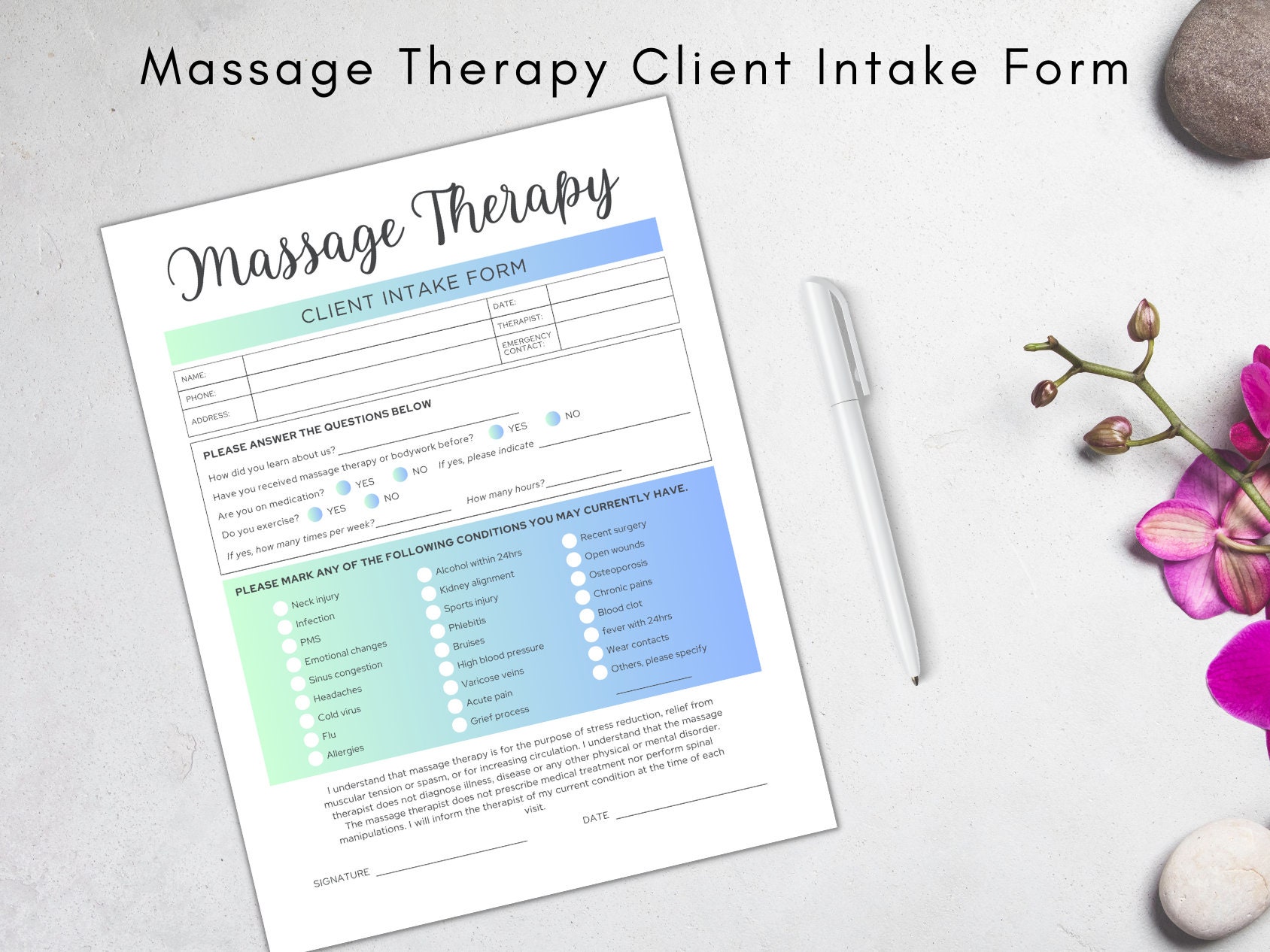 Massage Therapy Client Intake Form Template, Editable Consultation Form ...