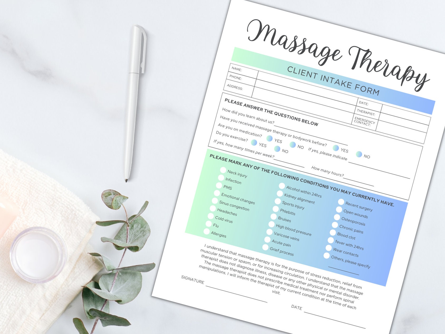 Massage Therapy Client Intake Form Template, Editable Consultation Form ...