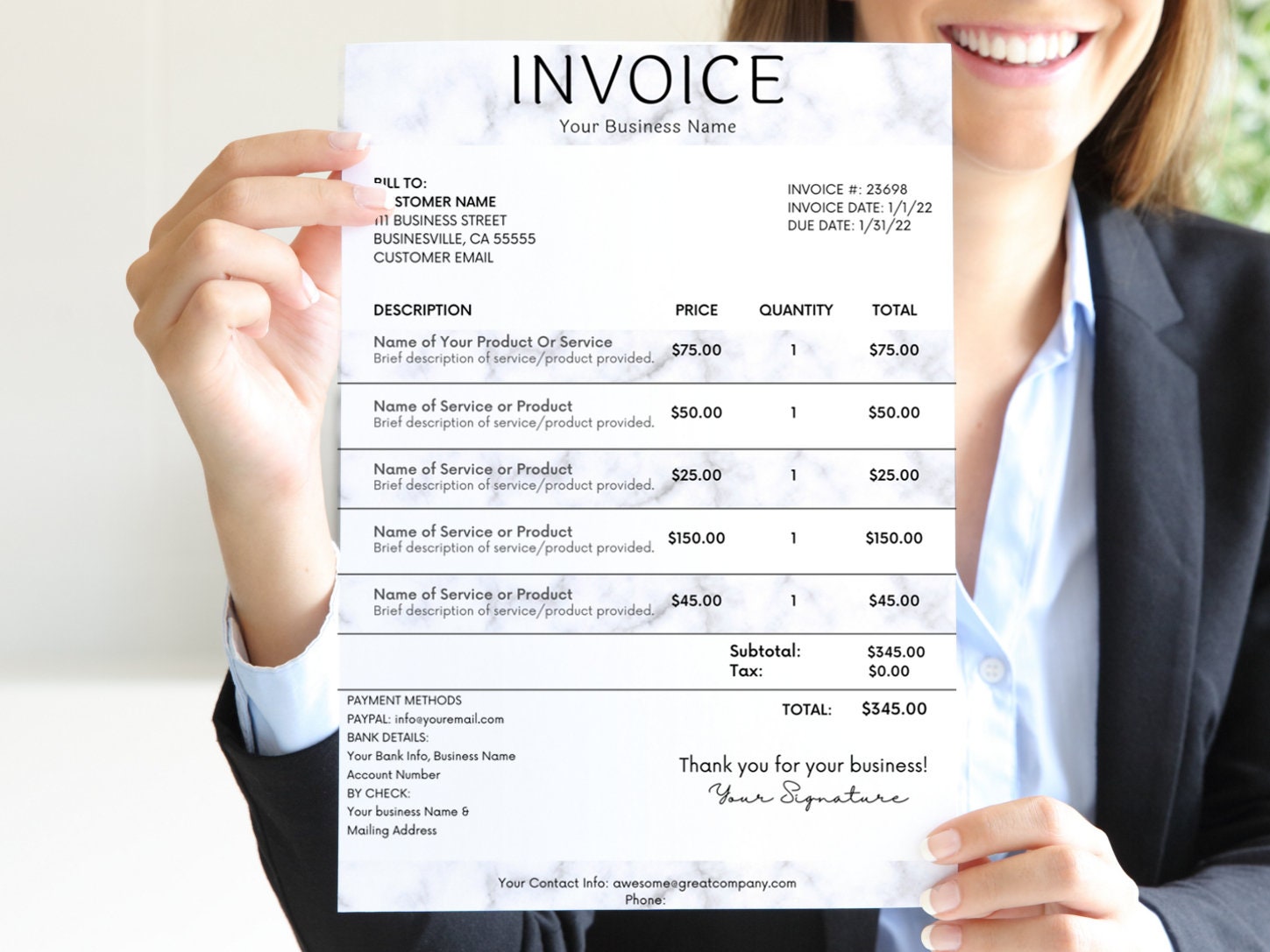 CANVA Invoice Templates, Modern Marble, Small Business, Editable ...