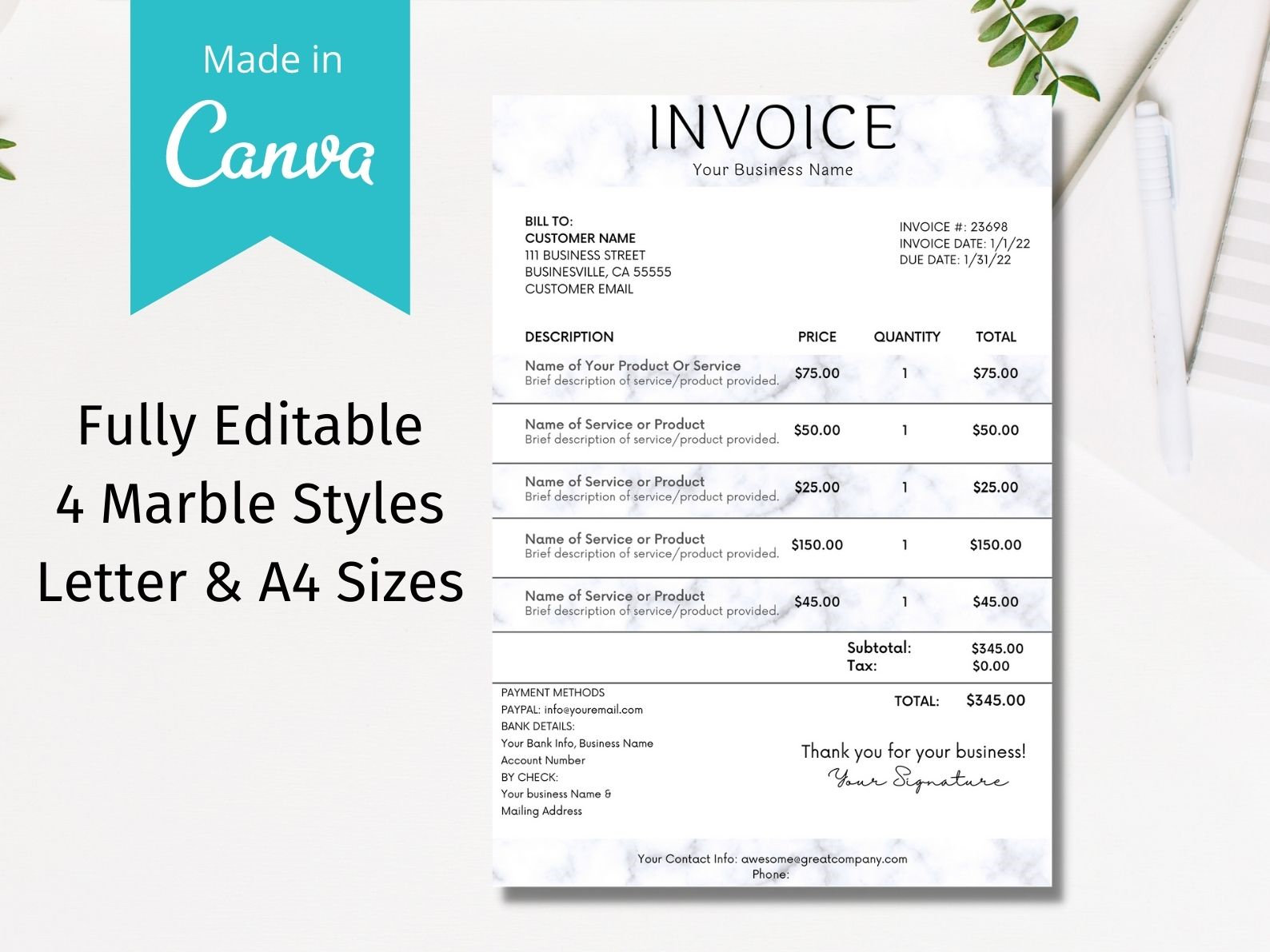 CANVA Invoice Templates, Modern Marble, Small Business, Editable ...