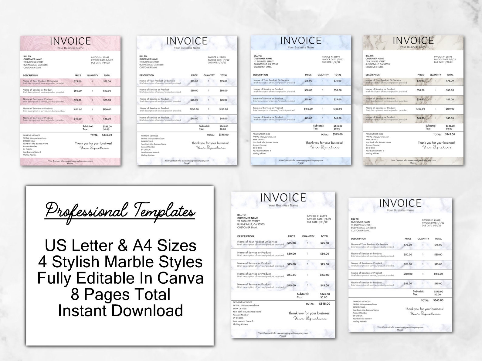 CANVA Invoice Templates, Modern Marble, Small Business, Editable ...