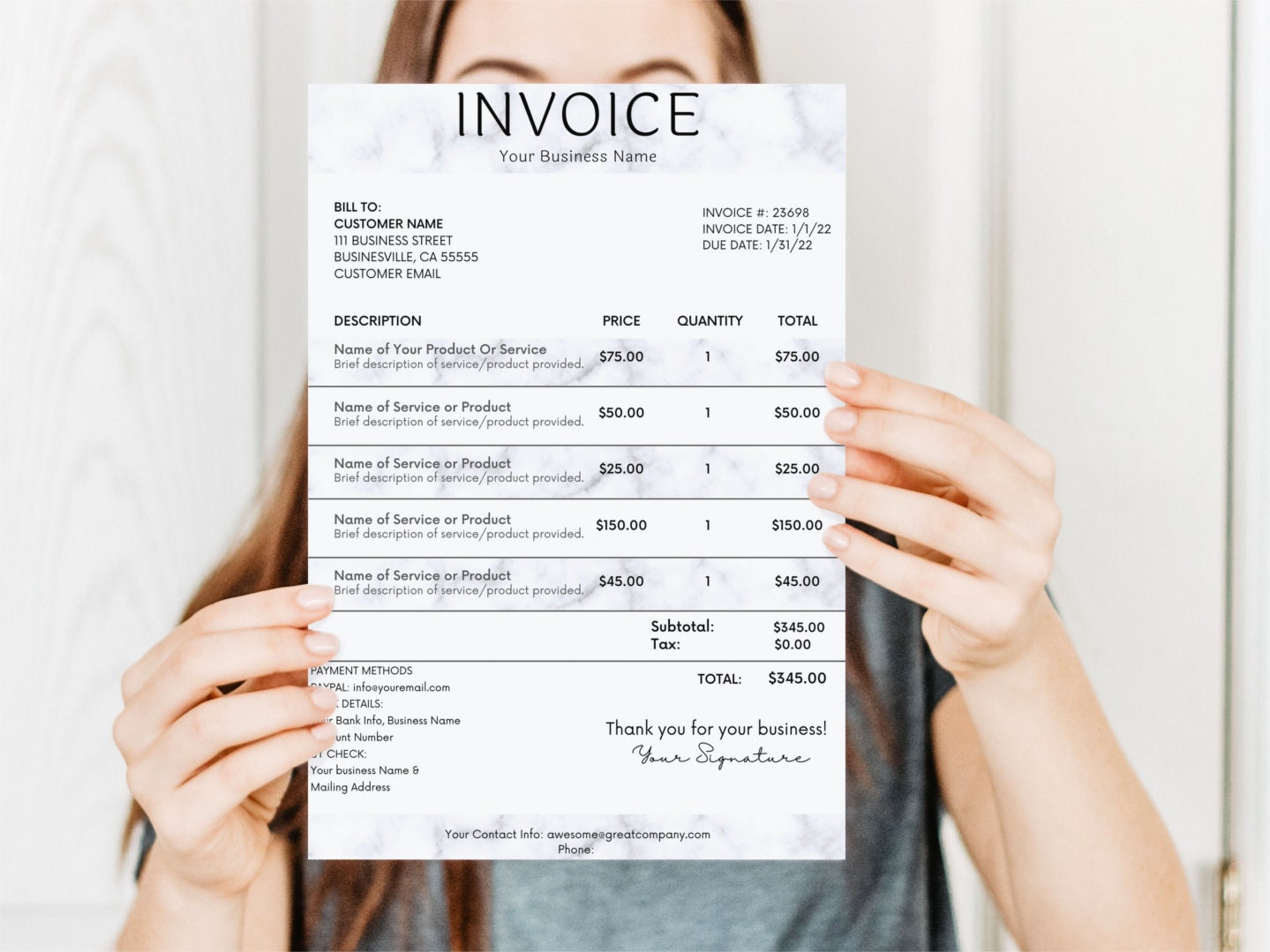 CANVA Invoice Templates, Modern Marble, Small Business, Editable ...
