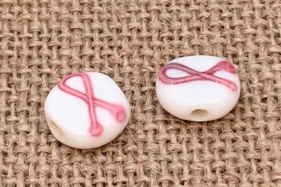 10 | Pink Ribbon Bead | White Disc Beads | Lampwork Glass | Horizontal ...