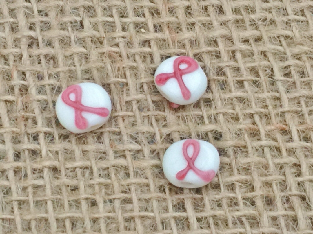 10 Pink Awareness Ribbon Bead White Disc Beads Lampwork Glass Breast ...