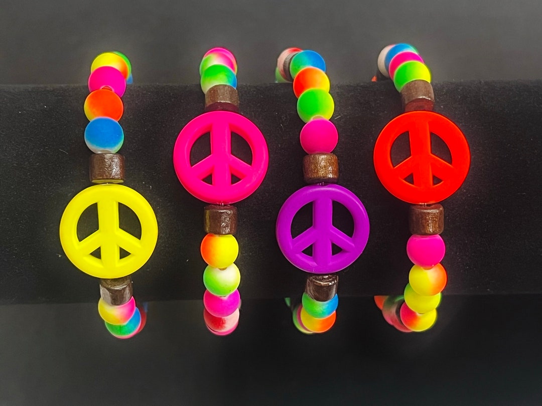 Hippie Peace Sign Beaded Bracelet Neon & Tie Dye Beads - Etsy