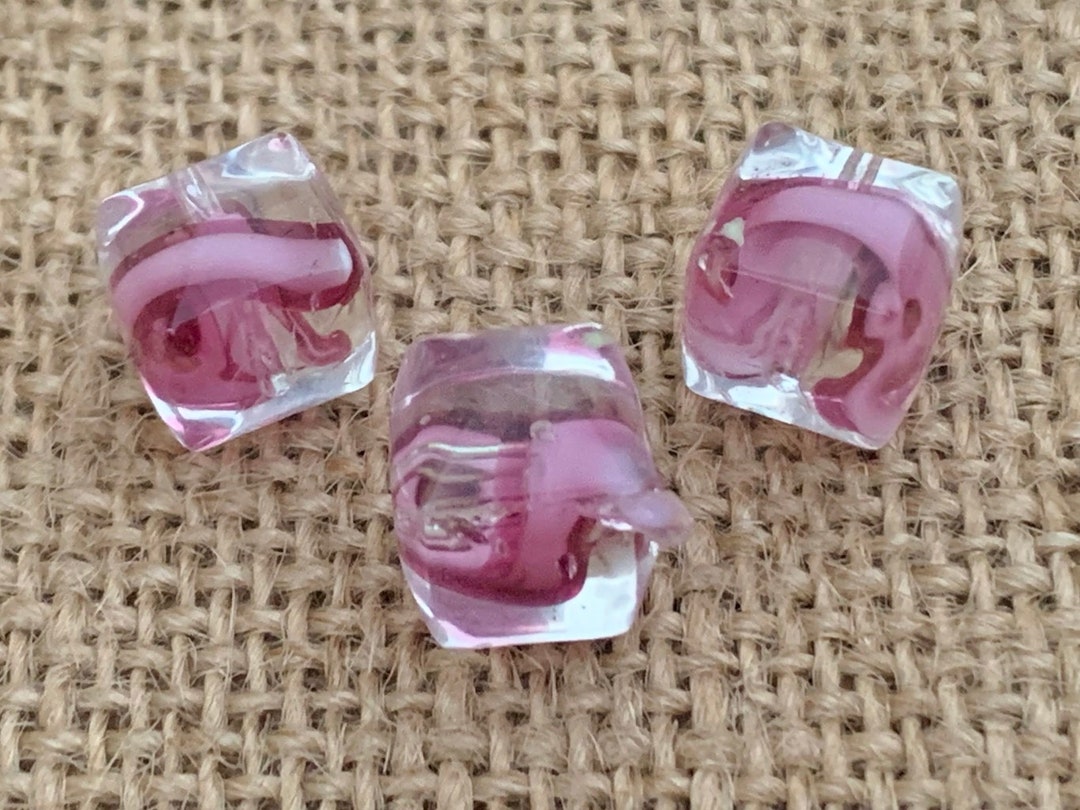 5 | 10 Pink Awareness Ribbon Cube Beads | Lampwork Glass | Breast ...