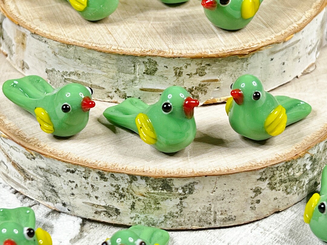 2 | 5 Green Birds Beads | Lampwork Glass | Bird Jewelry | Parrots ...