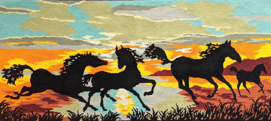 Large Vintage French Completed Needlepoint Tapestry of 'wild Horses in ...