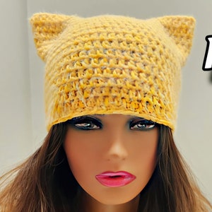 Crochet Very Easy Cat Ear Beanie Hat Pattern Seamless Kitty Ears Beanie ...