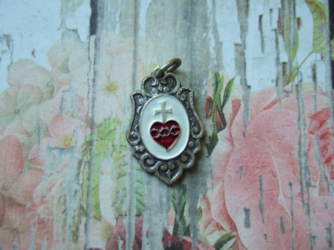 Lovely Antique SACRED HEART of JESUS Red and White Enamel Catholic ...