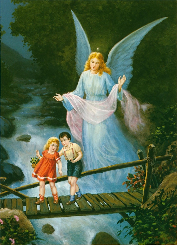 Guardian Angel with Boy and Girl crossing bridge Religious Art