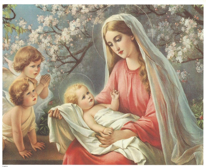 Virgin Mary and Child Jesus With 2 Angels Catholic Picture Print - 8" X ...