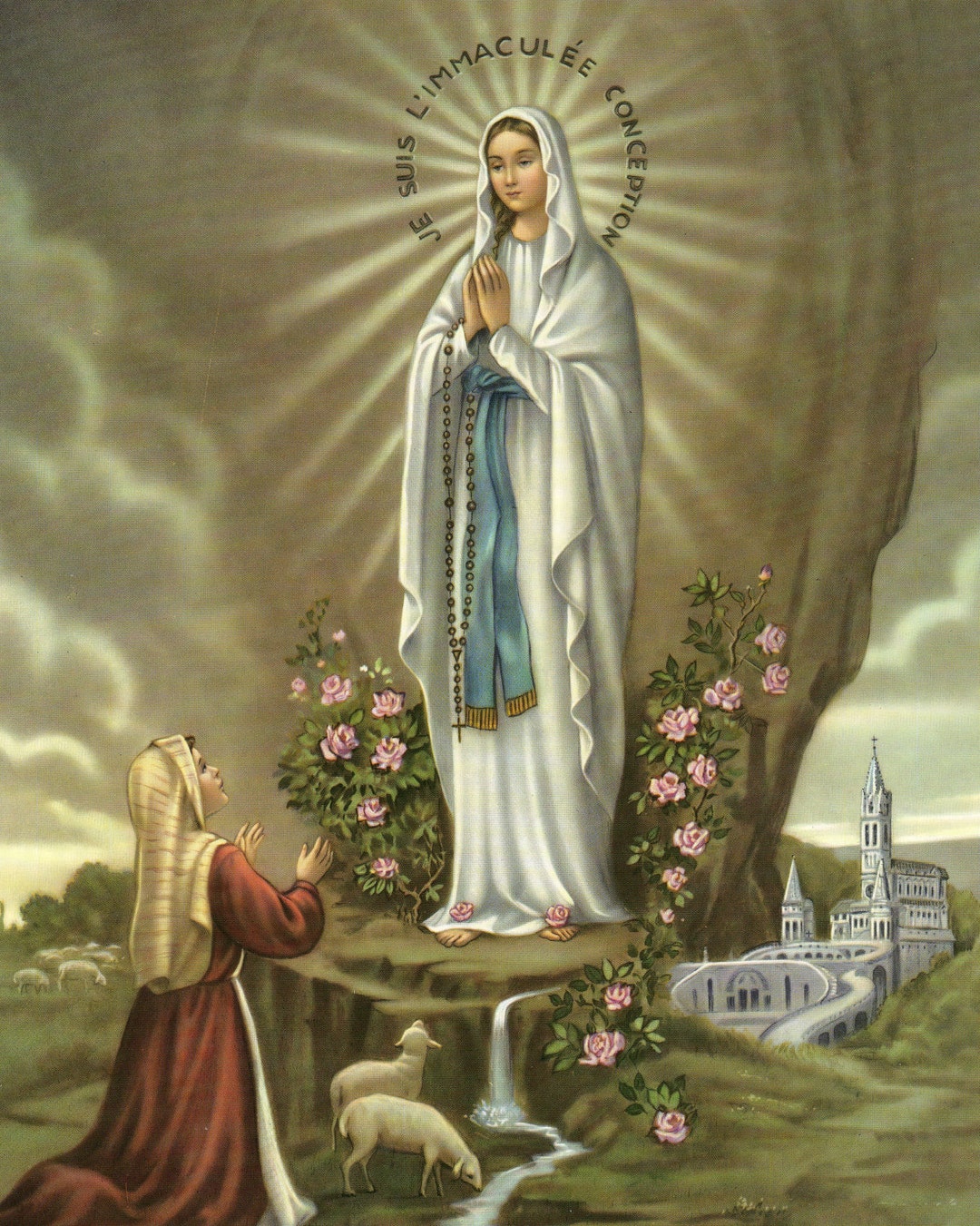 Our Lady of Lourdes With Saint Bernadette Picture Catholic Art Print ...