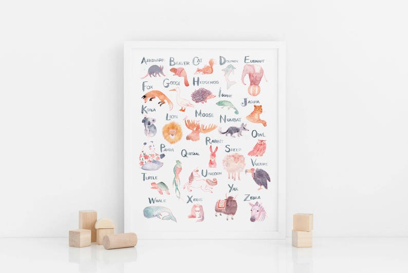 Watercolor abc animal art print educational poster animals | Etsy