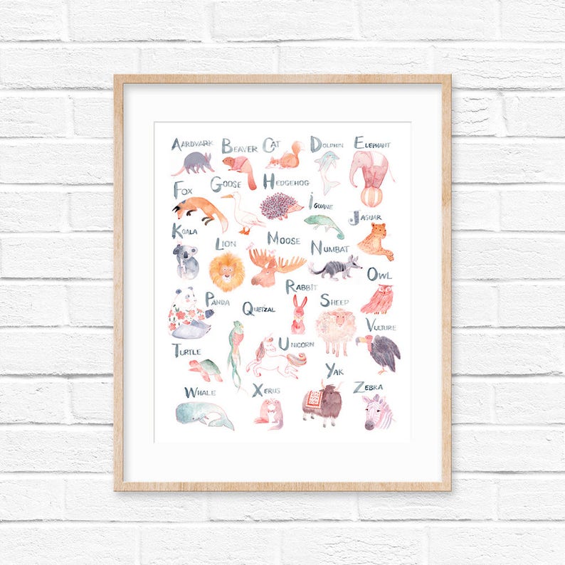 Watercolor abc animal art print educational poster animals | Etsy