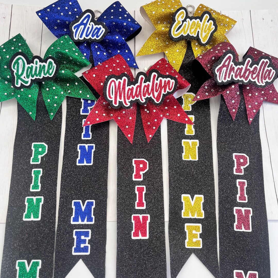 Pin Me Ribbon With Rhinestones Pin Me Bow Cheer Pins Cheer Bow Bag Tag ...