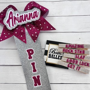 Pin Me Ribbon With Rhinestones Pin Me Bow Cheer Pins Cheer Bow Bag Tag ...
