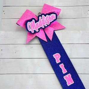Neon Pink Pin Me Ribbon With Rhinestones Pin Me Bow Cheer Pins Cheer Bow Bag Tag Cheer Clothes ...