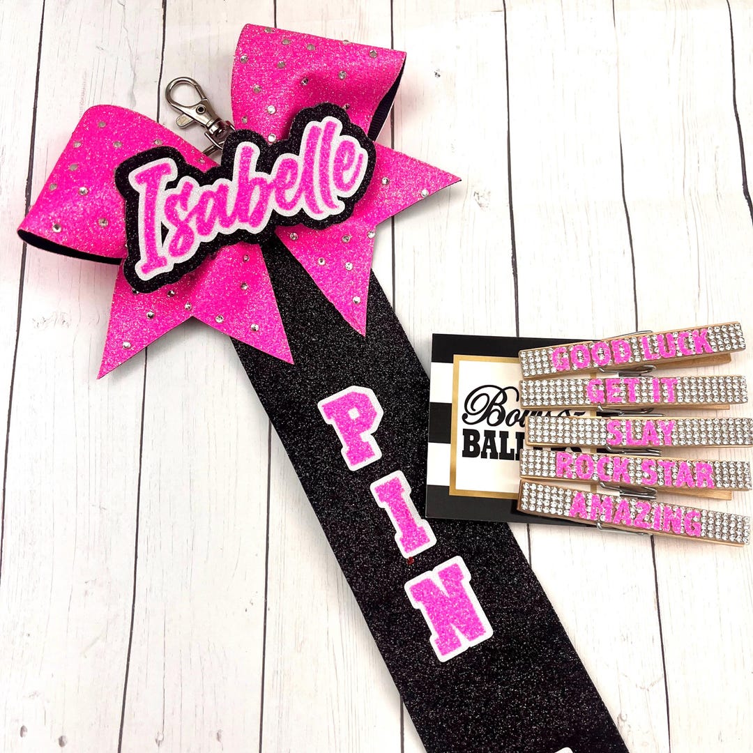 Pin Me Bag Tag Neon Pink With Rhinestones Pin Me Bow Cheer Pins Cheer ...