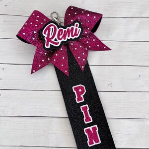 Pin Me Bag Tag Neon Pink With Rhinestones Pin Me Bow Cheer Pins Cheer Bow Bag Tag Cheer Clothes ...