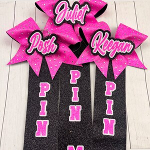 Pin Me Bag Tag Neon Pink With Rhinestones Pin Me Bow Cheer Pins Cheer Bow Bag Tag Cheer Clothes ...
