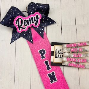 Neon Pink Pin Me Ribbon With Rhinestones Pin Me Bow Cheer Pins Cheer Bow Bag Tag Cheer Clothes ...