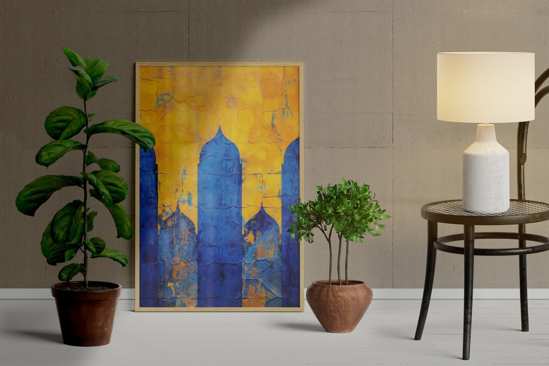 Moroccan Abstract Art in Blue and Yellow, Large Modern Wall Art ...