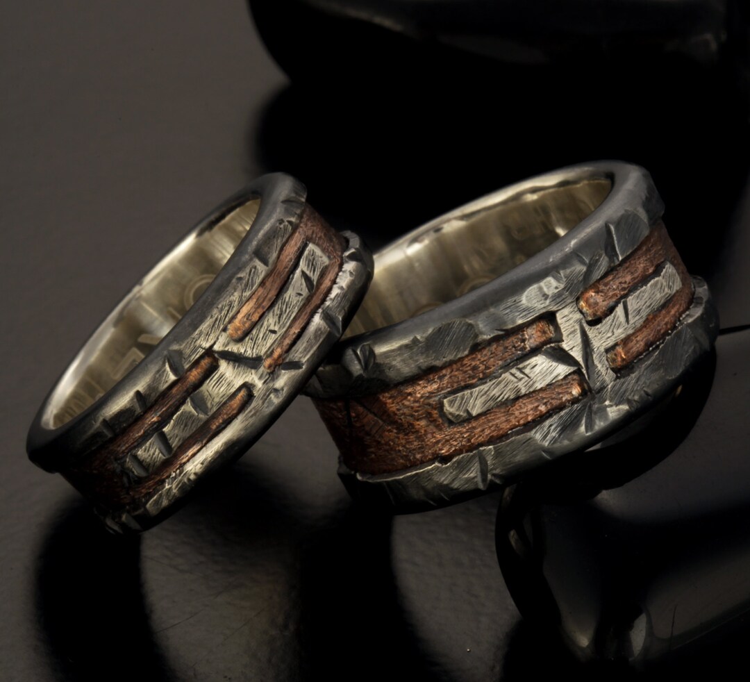 A Pair of Rustic Wedding Rings, Wedding Band, Unique Pair Silver and ...