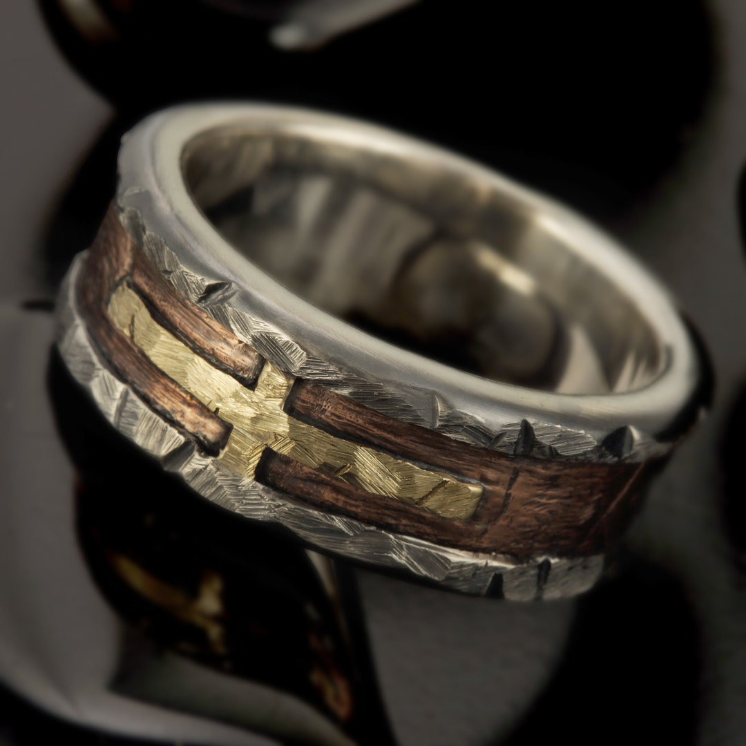 Rustic Mens Ring, Silver Copper and 14K Solid Gold, Mens Cross Ring ...