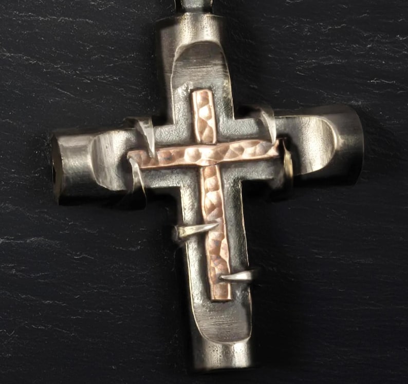Rustic Sterling Silver & Copper Cross Pendant, Hand-forged Christian ...