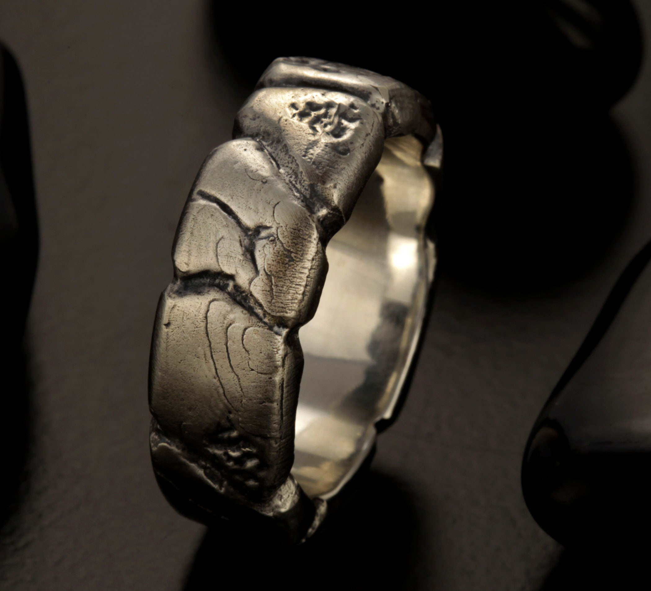 Sterling Silver Men's Thumb Ring: Rustic Textured Wide Band, 9mm - RS ...