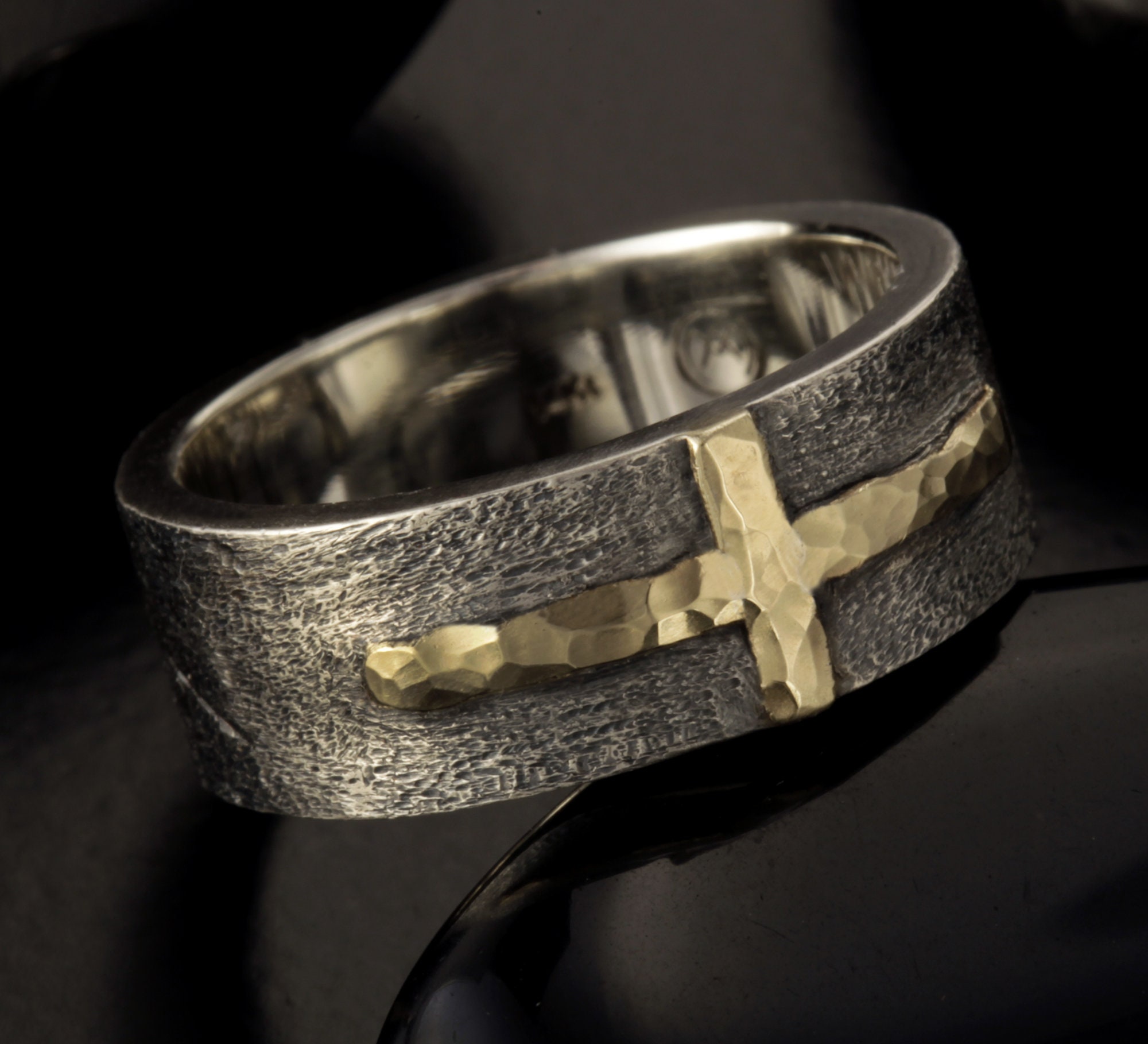 Rustic Cross Man Ring Silver & 14K Solid Gold or Copper Men - Etsy