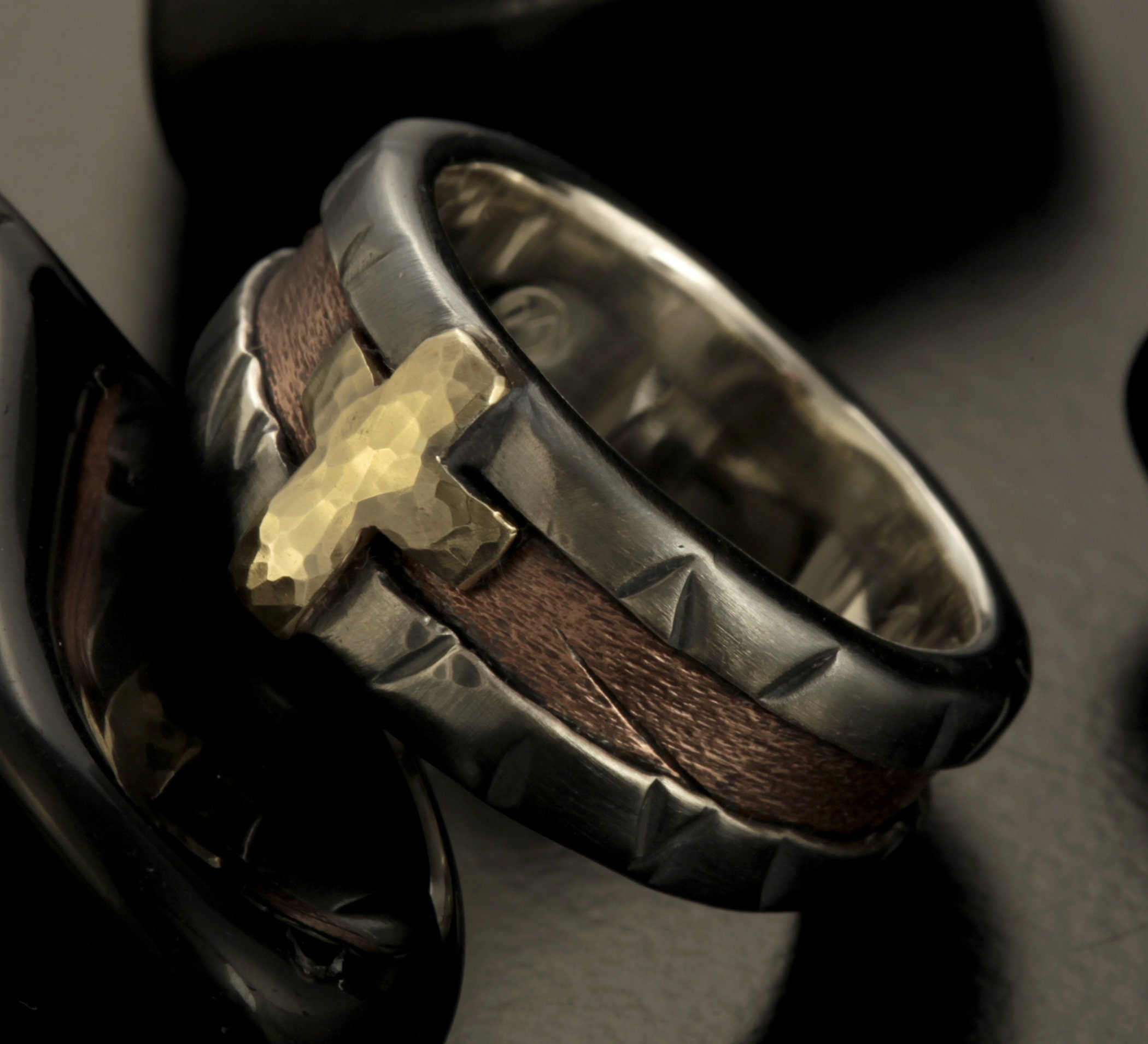 Man Ring Cross Ring Silver Copper and 14K Solid Gold | Etsy