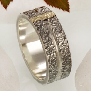 Silver and 14K Gold Rustic Men's Band Ring, 9mm Two Tone Mixed Metal ...