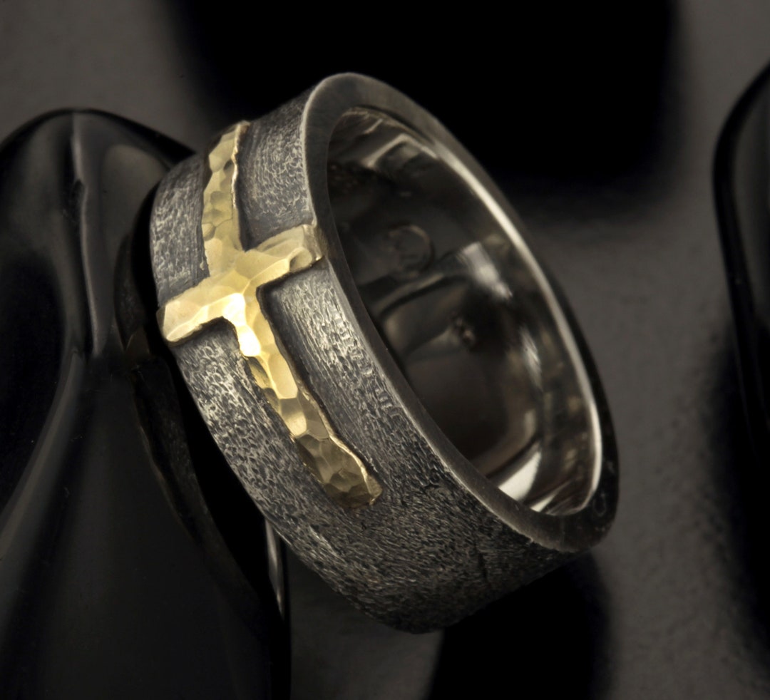 Rustic Cross Man Ring, Silver & 14K Solid Gold or Copper Men Cross Ring ...