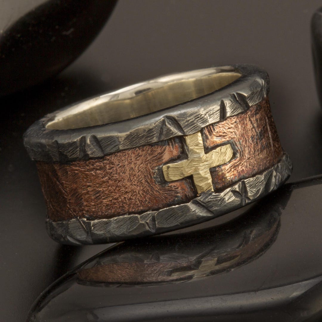 Unique Cross Ring, Rustic Handmade Mens Band, Silver Copper and 14K ...