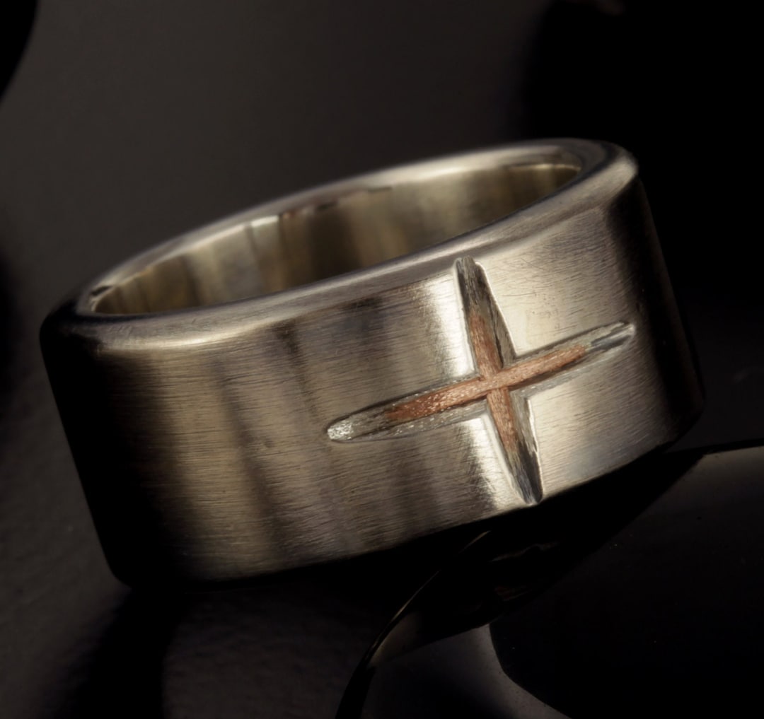 Unique Men Cross Wedding Ring, Men Silver Ring, Rustic Mens Ring, Mens ...