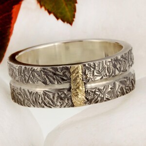 Silver and 14K Gold Rustic Men's Band Ring, 9mm Two Tone Mixed Metal ...