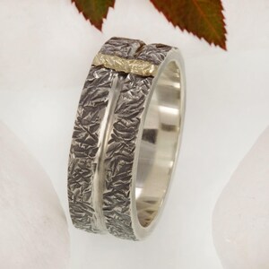 Silver and 14K Gold Rustic Men's Band Ring, 9mm Two Tone Mixed Metal ...