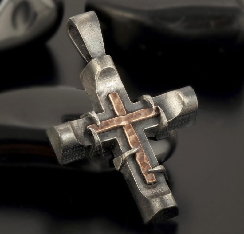 Rustic Sterling Silver & Copper Cross Pendant, Hand-forged Christian ...