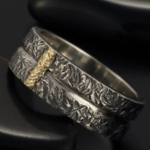 Two Tone Silver & 14K Gold Mens Band Ring - 9mm Rustic Jewelry Gift RS ...