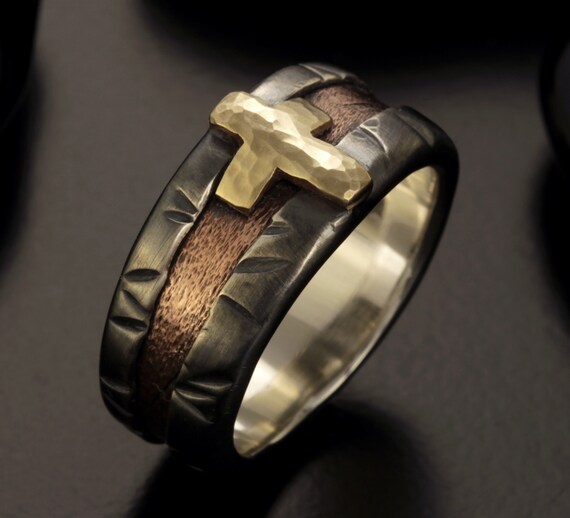 Man Ring Cross Ring Silver Copper and 14K Solid Gold | Etsy