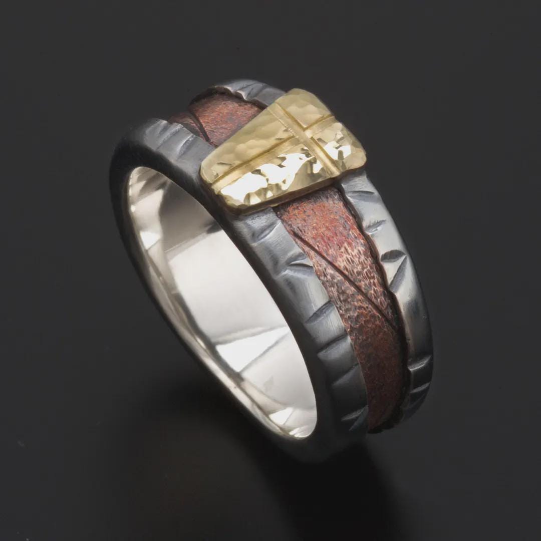 14K Gold Silver Men's Wedding Ring, Rustic Copper Band, Mixed Metal ...
