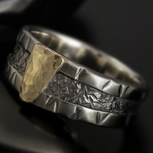 Mens Ring, Silver and 14K Solid Gold, Rustic Men Ring, Boho Mens ...