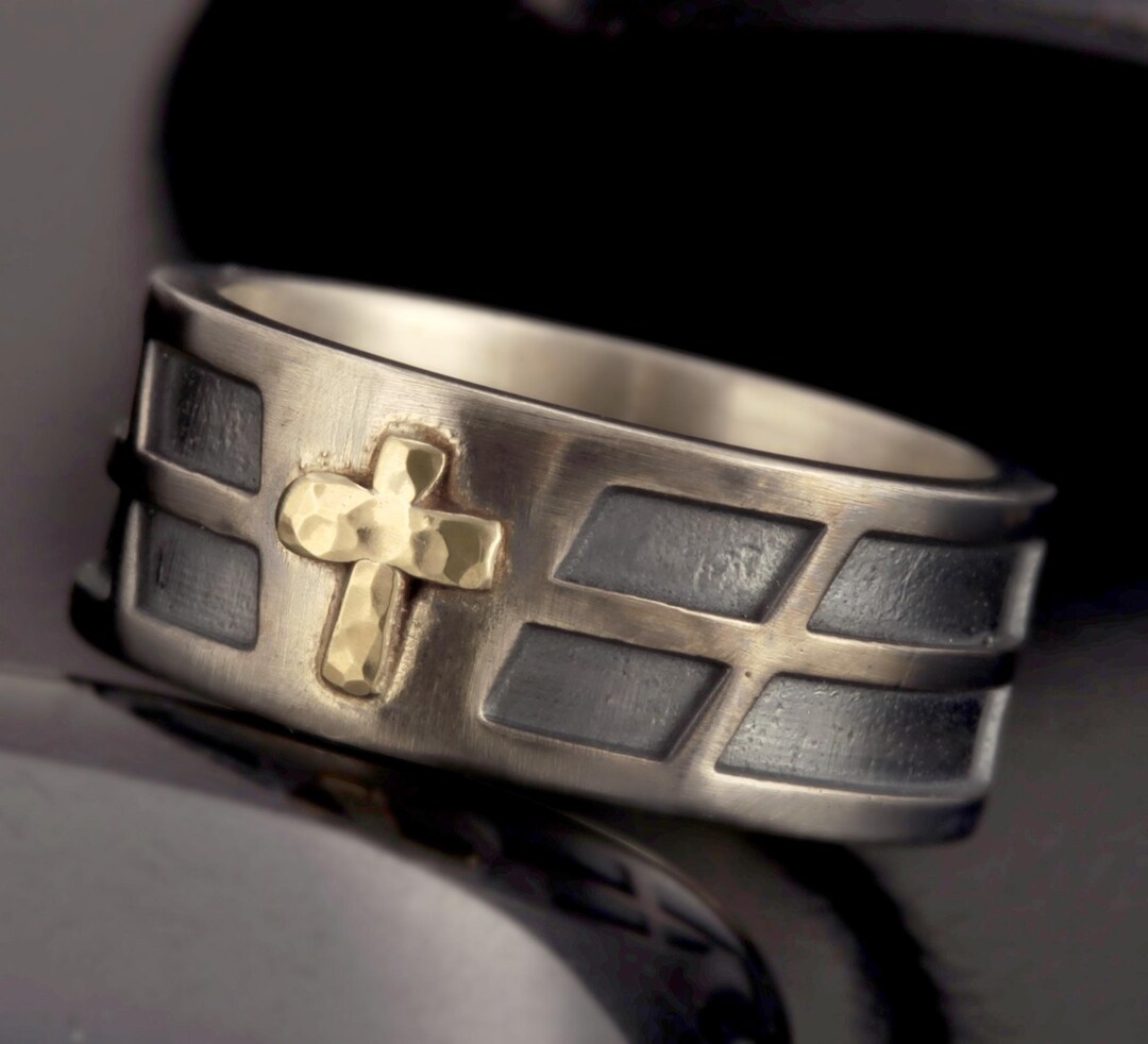 Two Tone Cross Ring: Sterling Silver & 14K Gold Unisex Band RS-1412 - Etsy