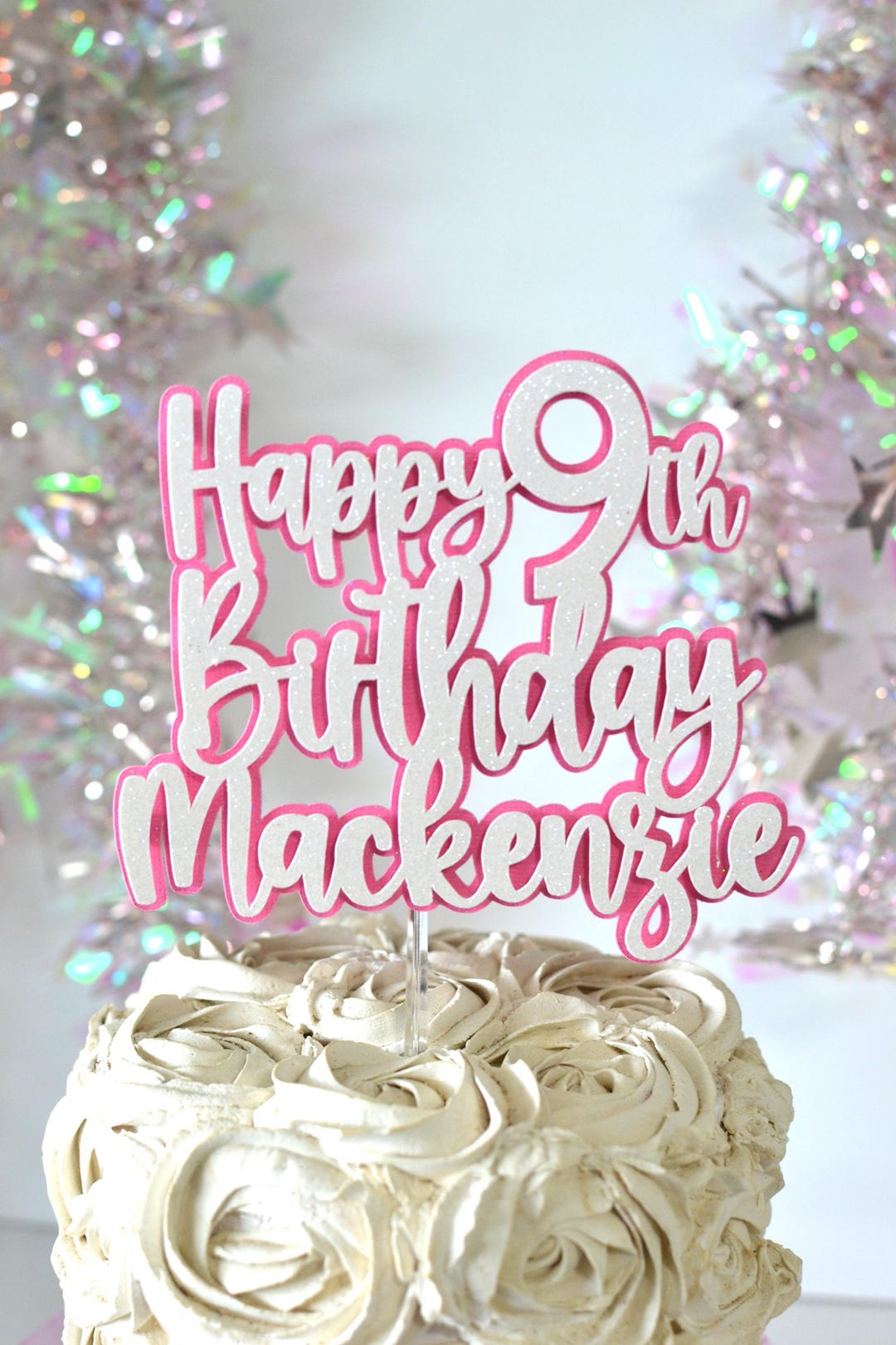 White & Pink 9th Birthday Name Cake Topper, Custom Cake Topper ...