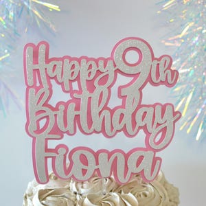 White & Pink 9th Birthday Name Cake Topper, Custom Cake Topper, Personalized 9th Cake, Happy ...