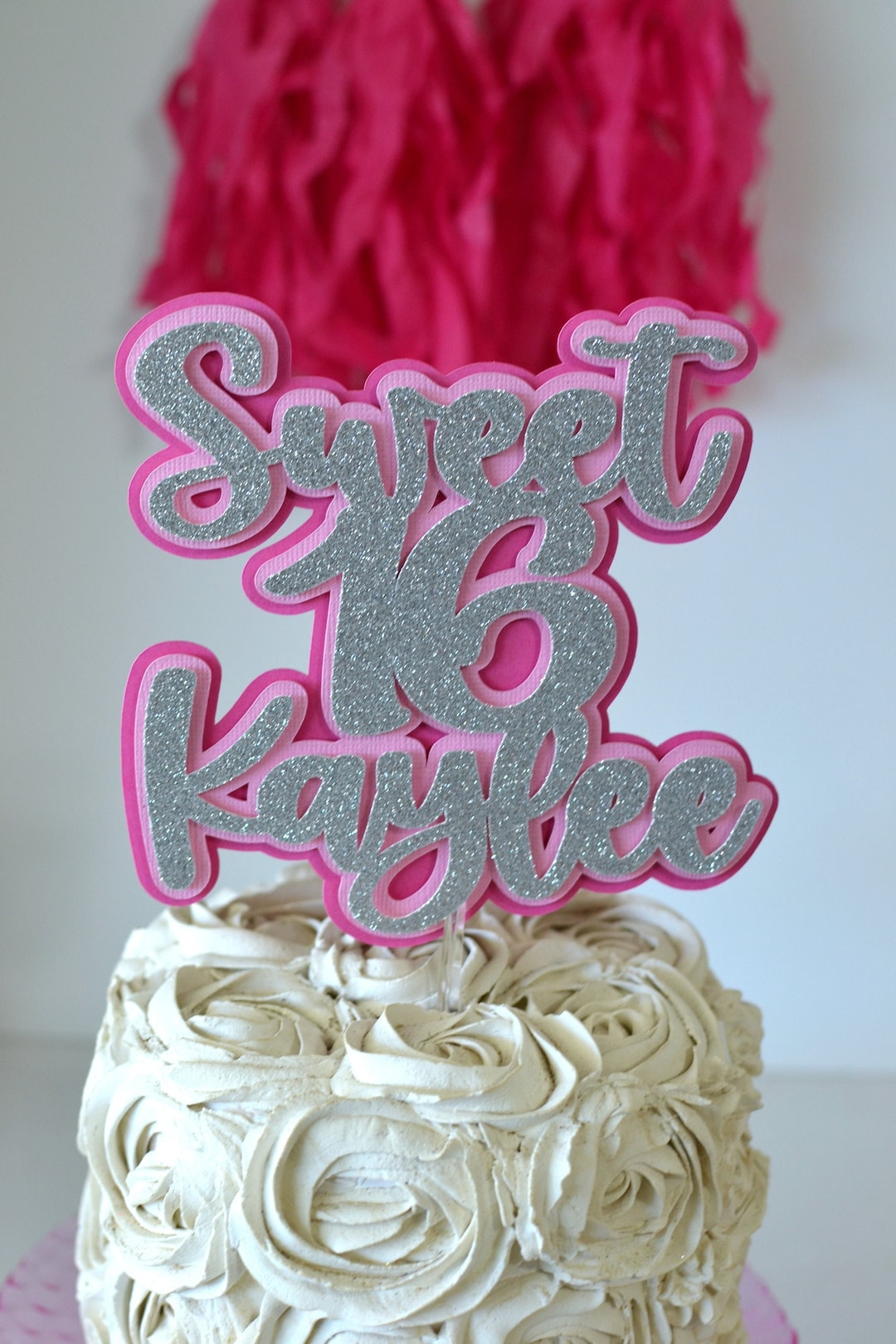 Sweet 16th Birthday Name Layered Pink Silver Cake Topper, Personalized ...