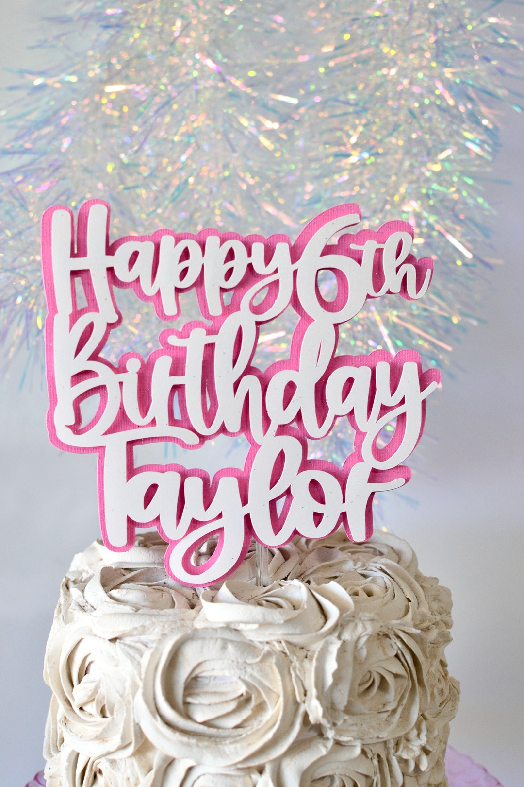 Personalized Name Pink and White Happy 6th Birthday Name Cake Topper ...